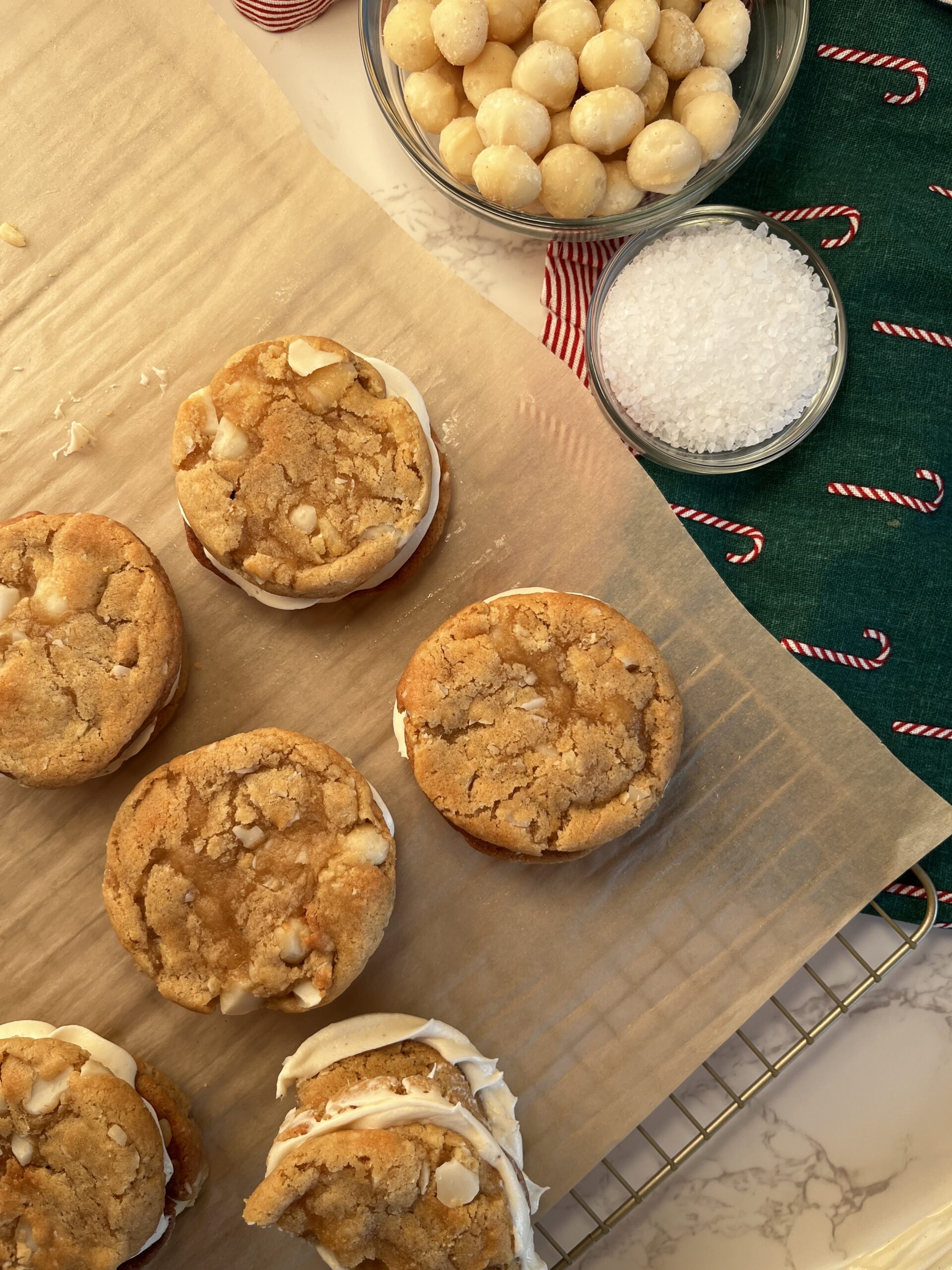 Chewy Brown Butter Macadamia Nut Cookies with White Chocolate Cream ...